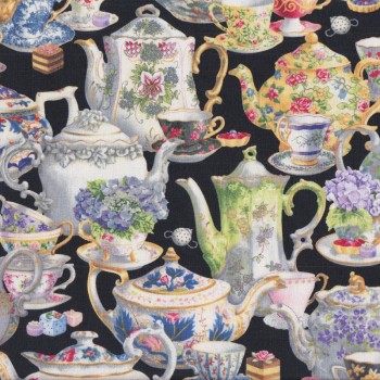 Gorgeous Floral Teapots on Black Fancy Tea Quilting Fabric - Find a Fabric