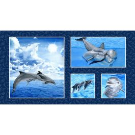 Dolphins Ocean Blue Sky Clouds Wildlife Quilting Fabric Panel - Find a ...