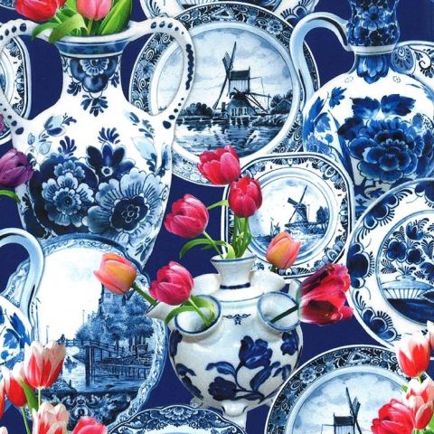 Delft Plates on Royal Blue LARGE PRINT Quilting Fabric By The Metre ...