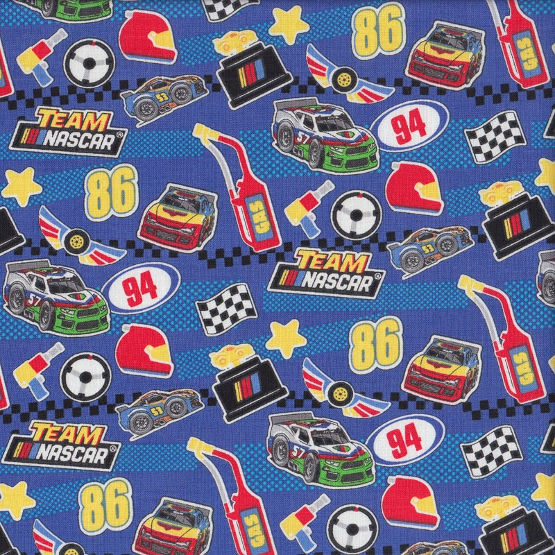 Nascar Racing Cars Helmet Team Trophy on Blue Quilting Fabric - Find a ...
