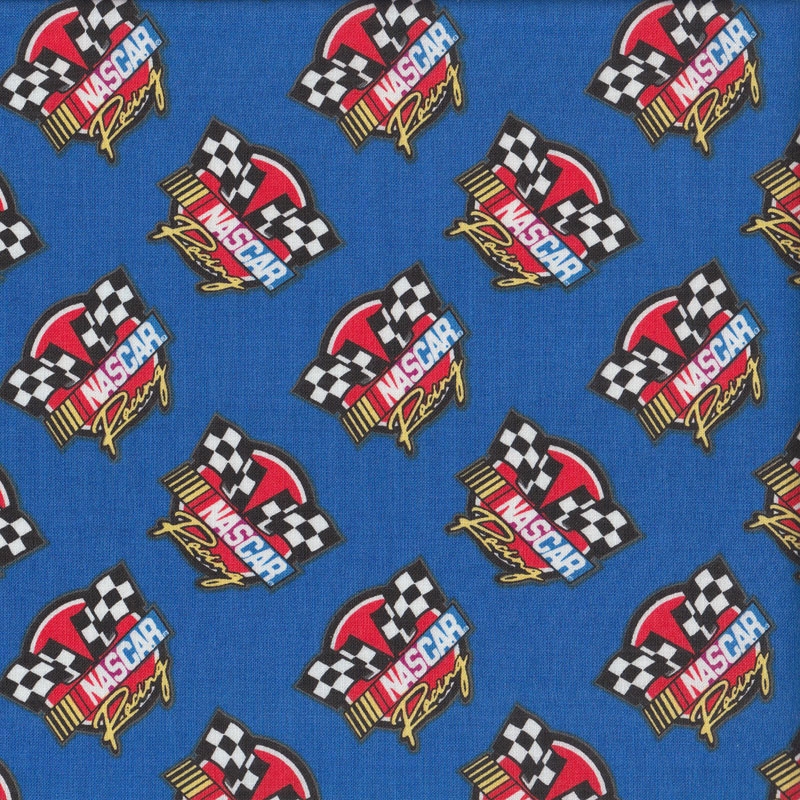 Nascar Racing Logo Checkered Flag on Blue Quilting Fabric - Find a Fabric